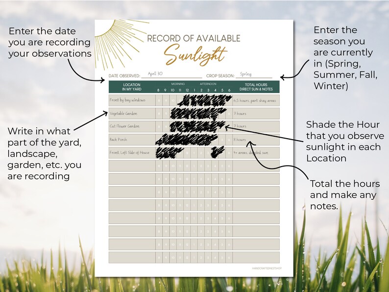 Printable Sun Tracker ǀ Record of Sunlight ǀ Garden Layout - Etsy