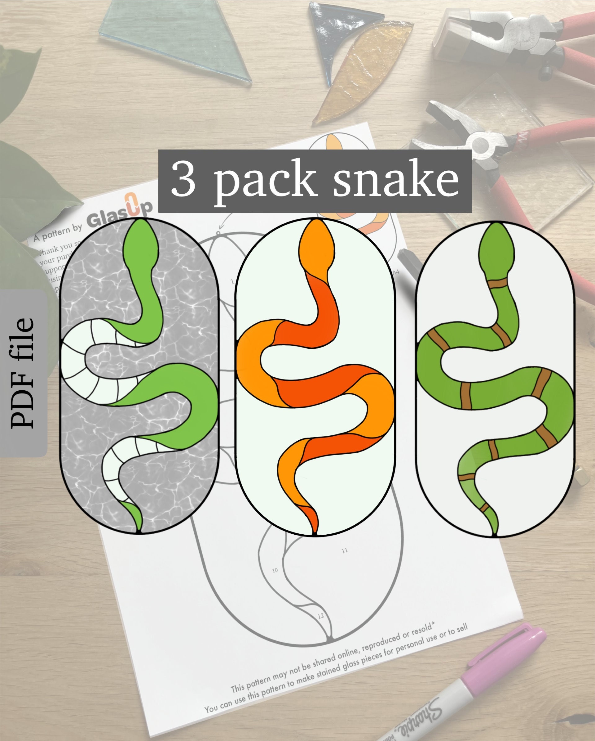 Stained Glass Snake Pattern, 3 Pack Snake Design, PDF, Digital Download ...