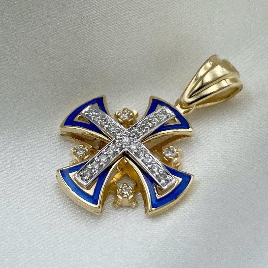 Jerusalem Cross Pendant: 14k Gold, Blue Enamel & Diamond Accent - Etsy