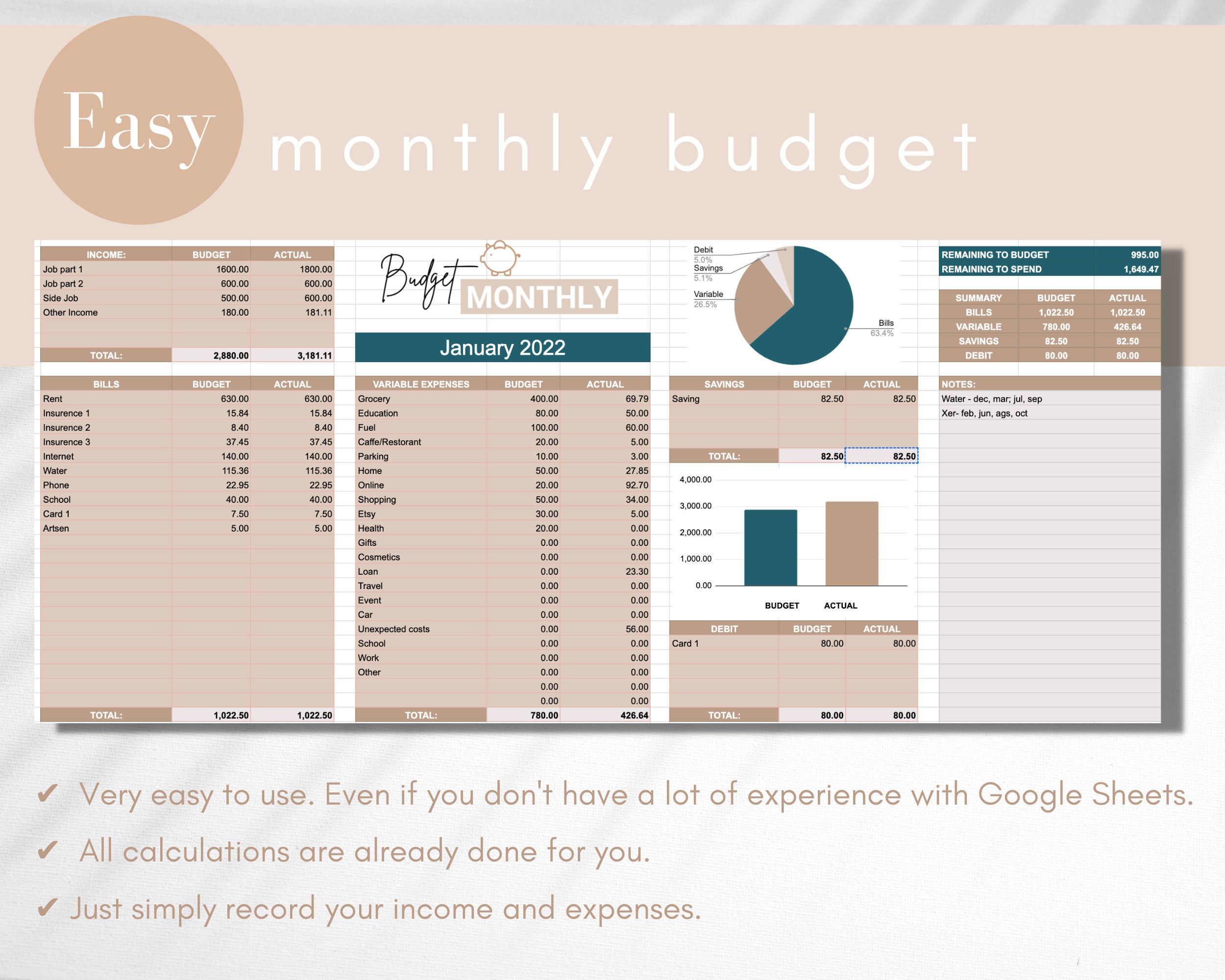 Monthly Budget | Google Sheets Budget Template | Easy to Use Monthly ...
