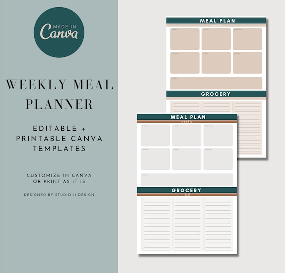Weekly Meal Planner Canva Template Editable Printable Modern | Etsy