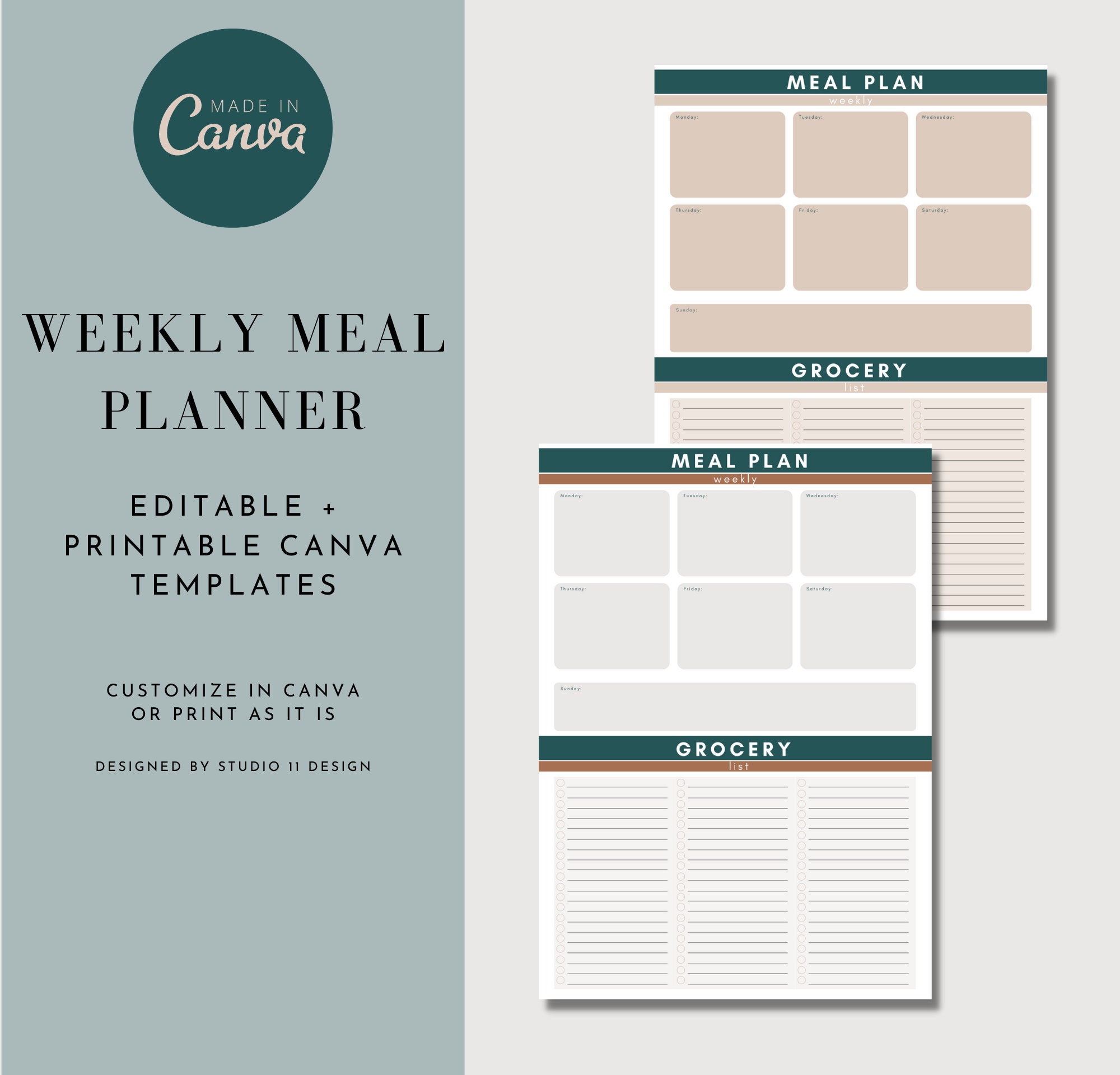 Weekly Meal Planner Canva Template Editable Printable Modern Design ...