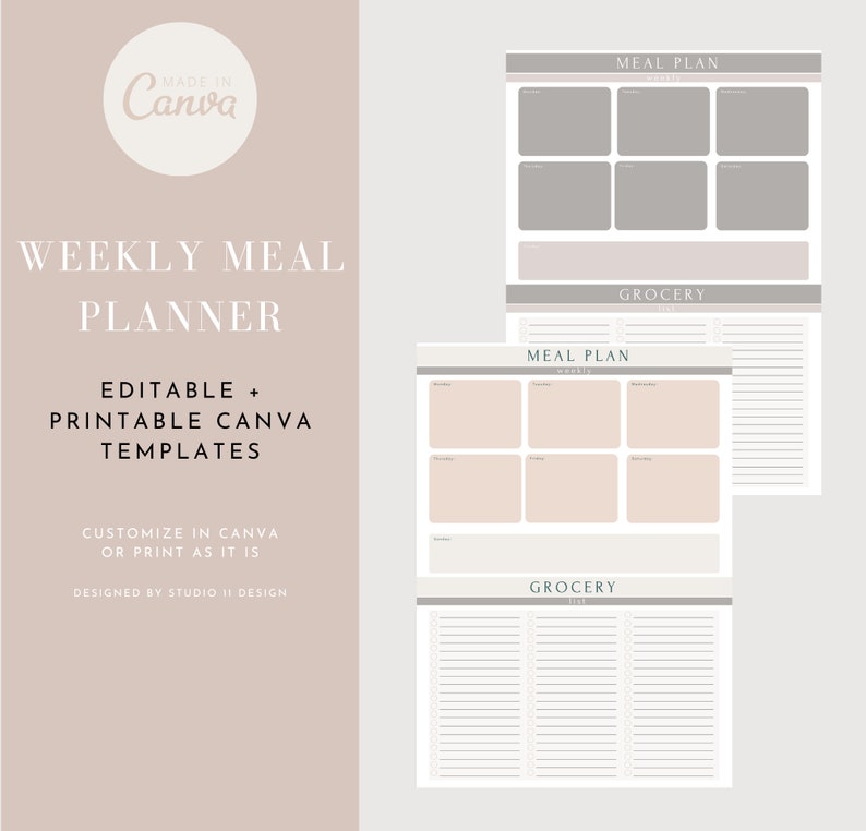 Weekly Meal Planner Canva Template Editable Printable Modern Design ...