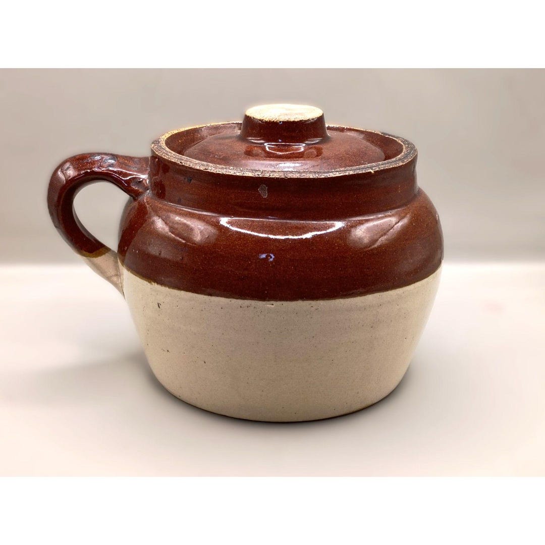 Antique Small Bean Pot Single Handle Stoneware Crock Brown Cream USA ...