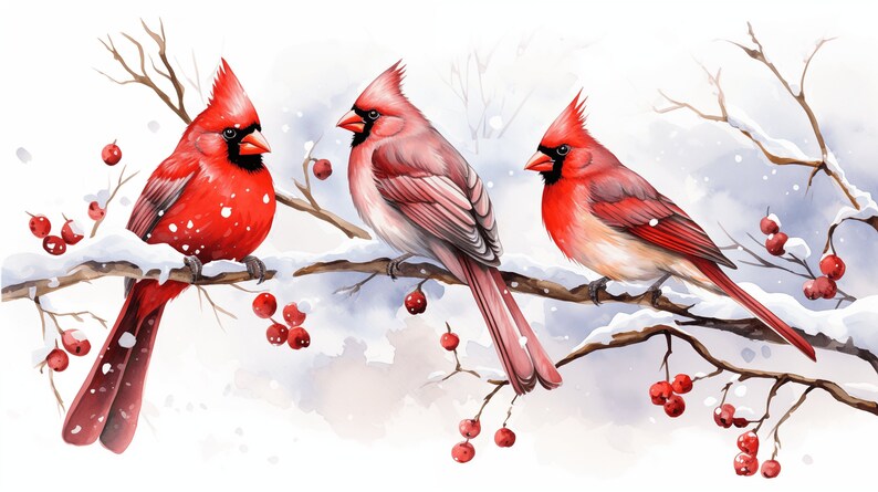 Three Winter Cardinals, HD PNG, Instant Download Artwork, AI Generated ...