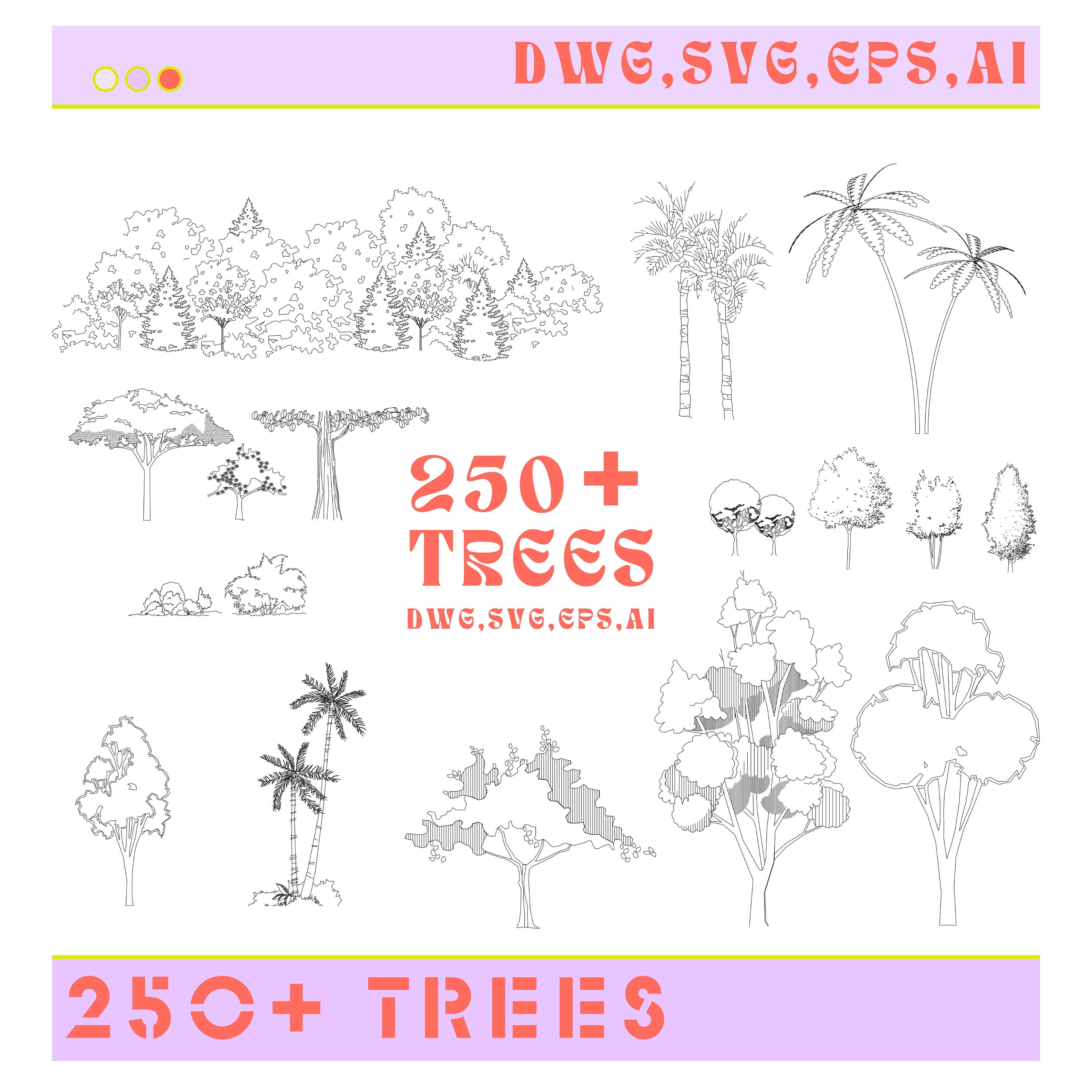 250 Trees Front View, Line Vector Illustrations Trees Dwg AI Svg Eps - Etsy