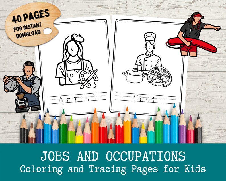 Jobs and Occupations Coloring and Tracing Pages for Kids, Different ...