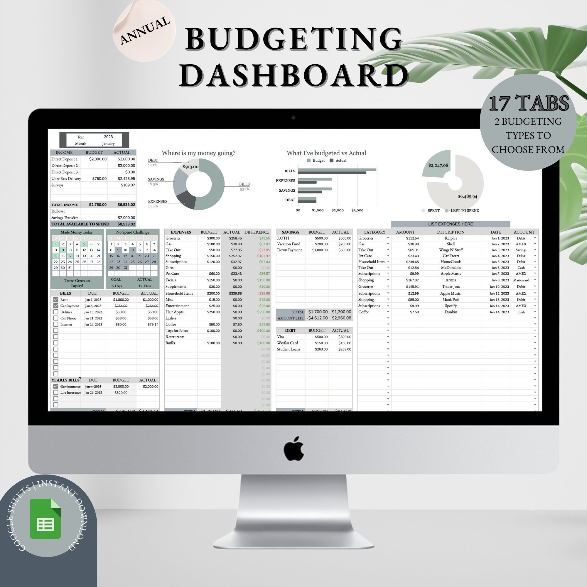 Annual Budgeting Dashboard Google Sheets Budget Template Automated ...