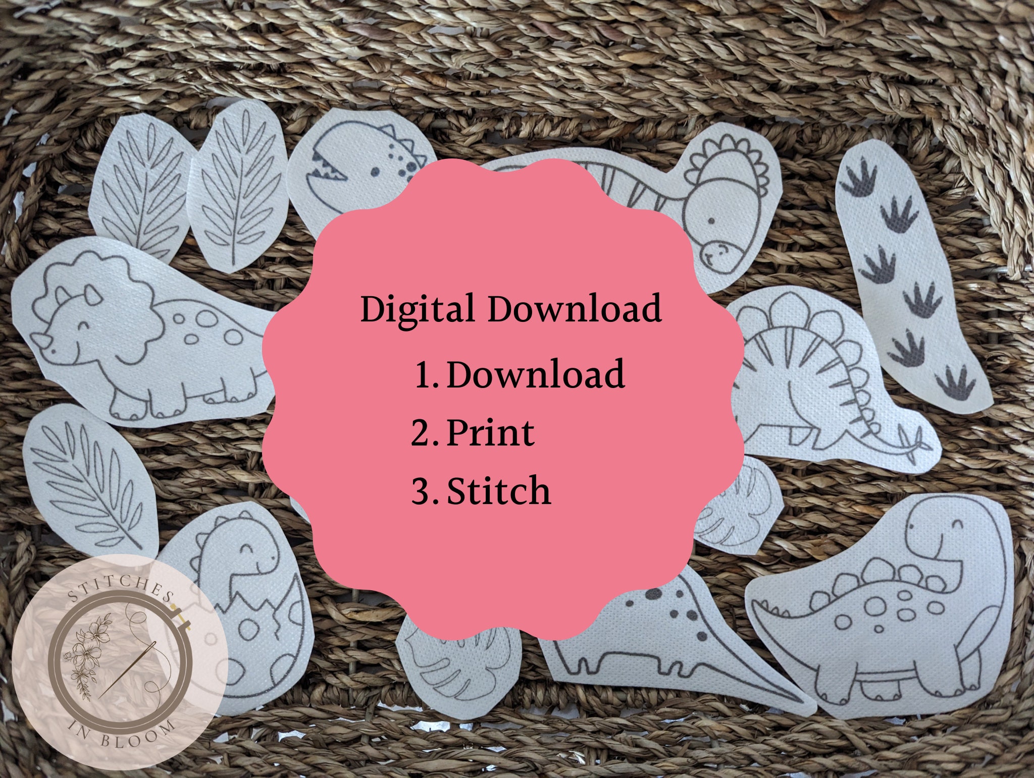 Printable PDF Stick Stitch Pattern Dinosaur Etsy