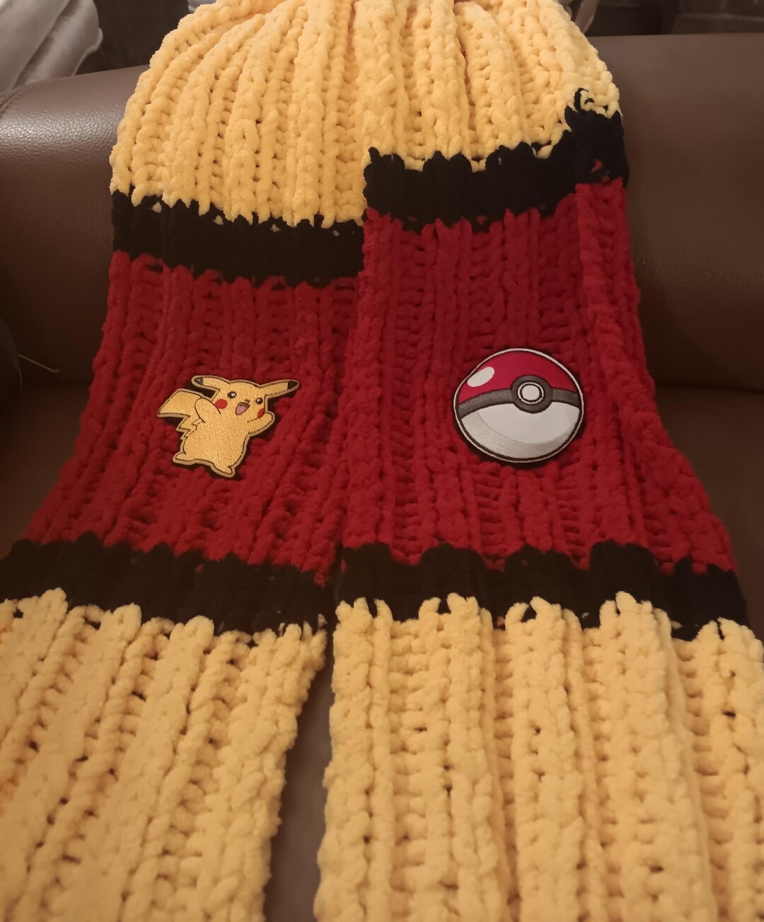 Pikachu Hand Knit Scarf Designed for Pokemon Fans Yellow, Black and Red ...