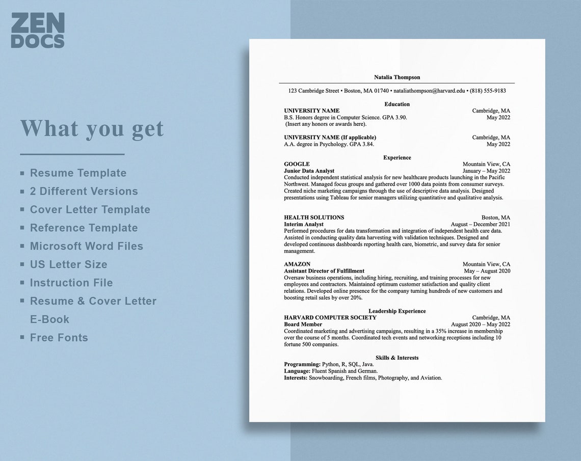Classic Harvard Resume Template for Word, Professional & Clean, CV ...