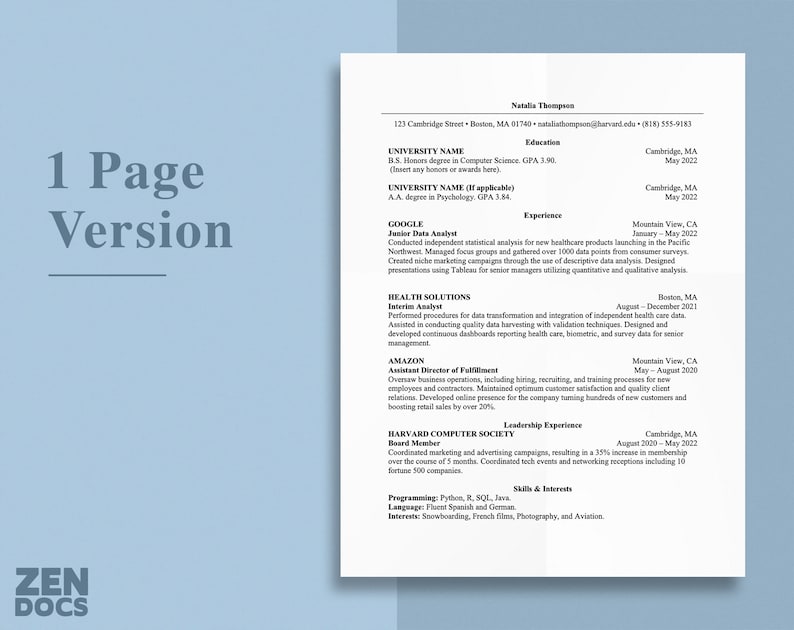 Classic Harvard Resume Template for Word, Professional & Clean, CV ...