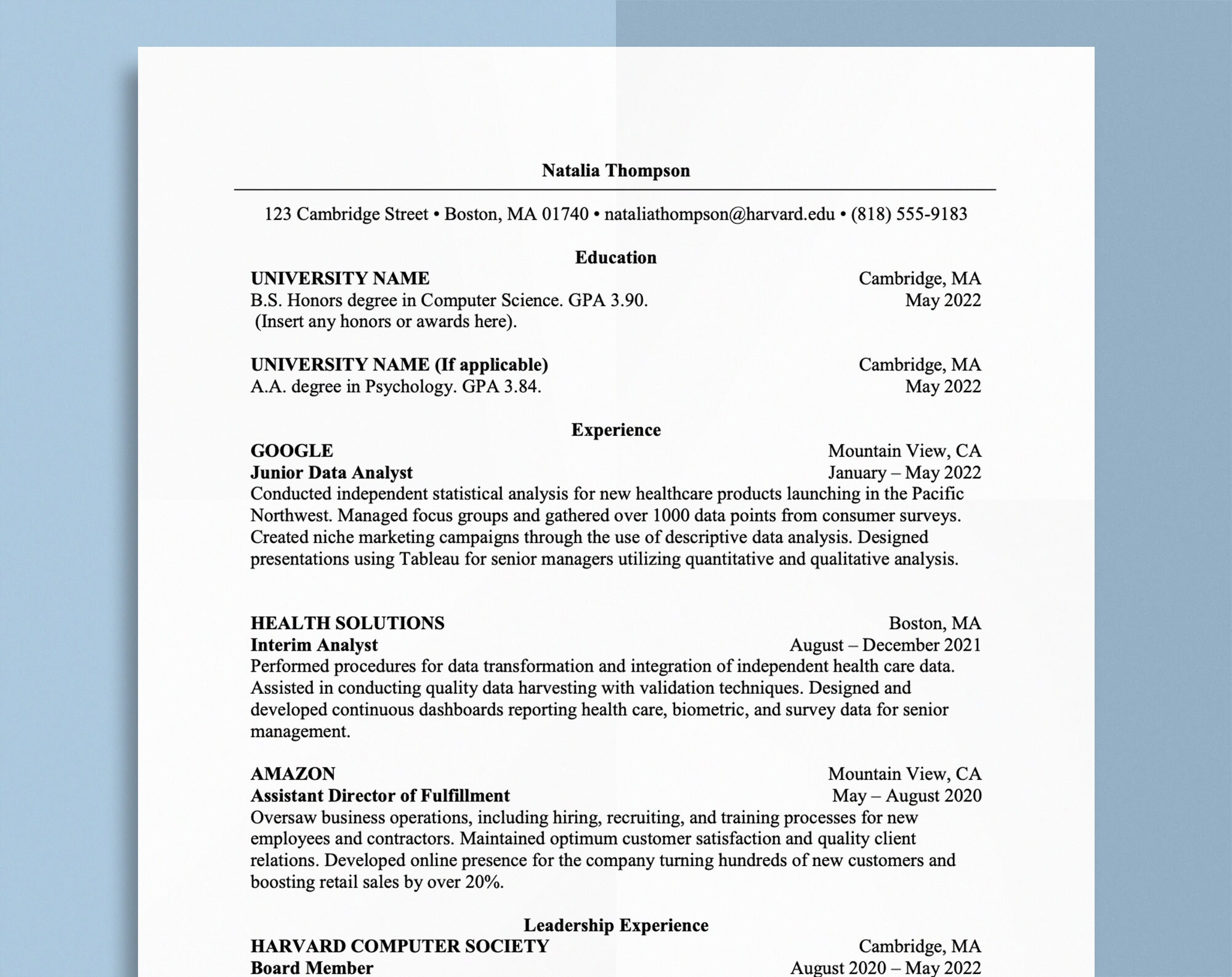 Classic Harvard Resume Template For Word Professional Etsy Canada
