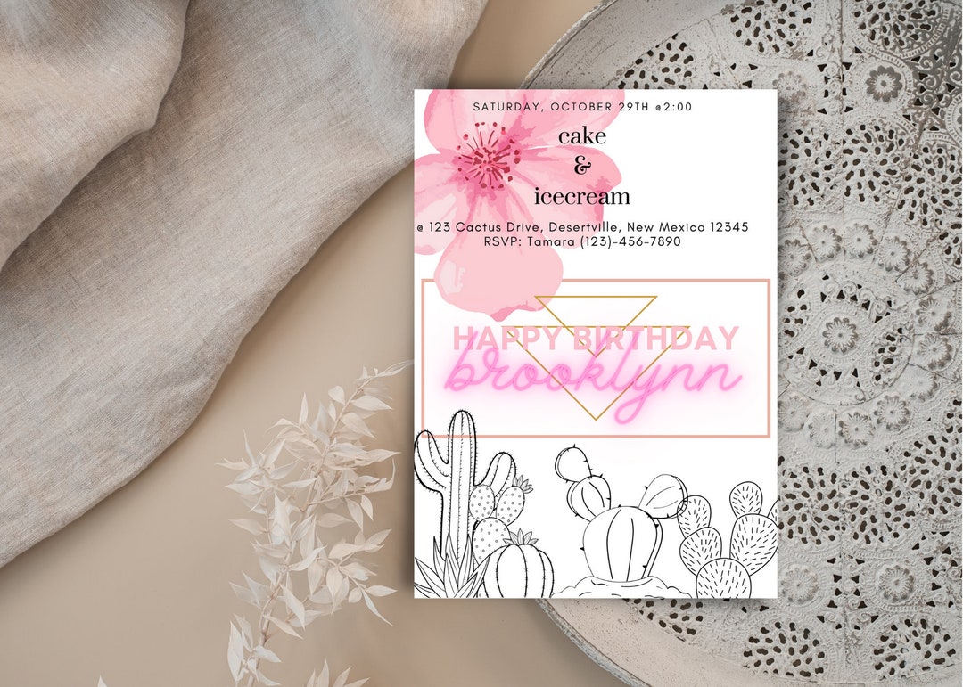 Cactus Birthday Invite, Flower Invitation, Teenager Bday Invite, Desert ...