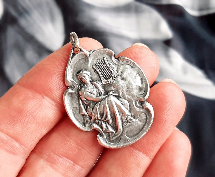 C.1909 Antique Art Nouveau Erato Pendant Silver Plated , Greek Mythological Muse of Love and ...
