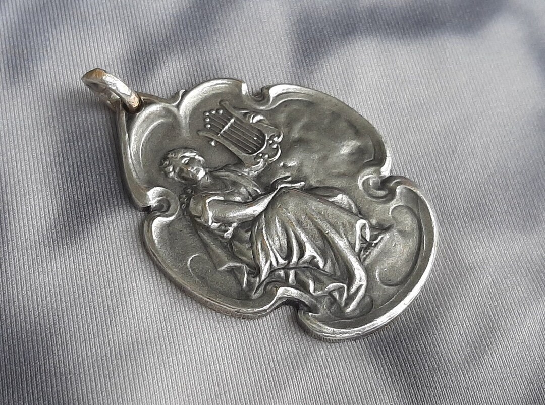 C.1909 Antique Art Nouveau Erato Pendant Silver Plated , Greek Mythological Muse of Love and ...