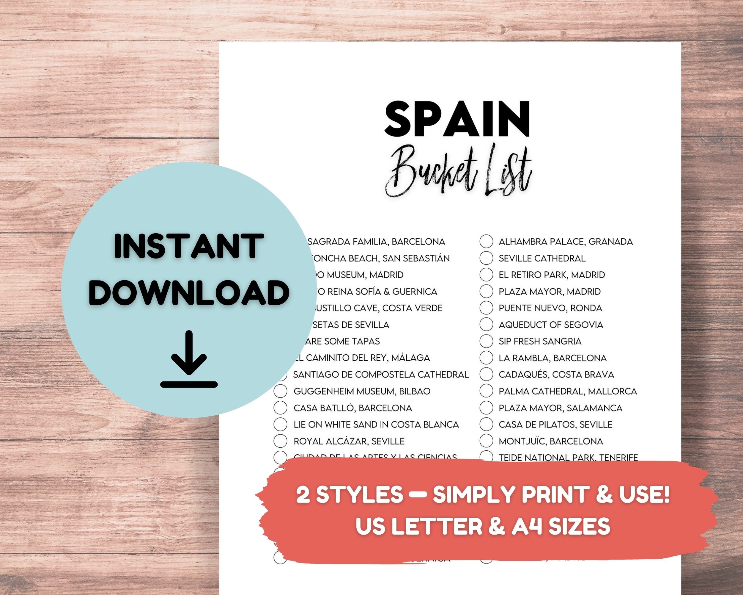 Spain Bucket List Printable | Spain Travel | Spain Artwork | Travel ...