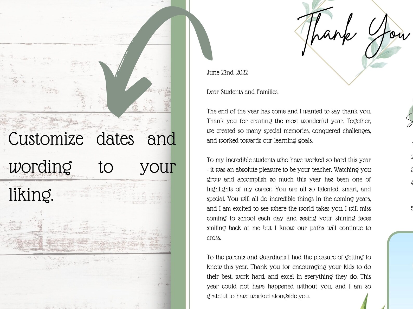 Botanical End of the Year Letter Template | Editable School Letter From ...