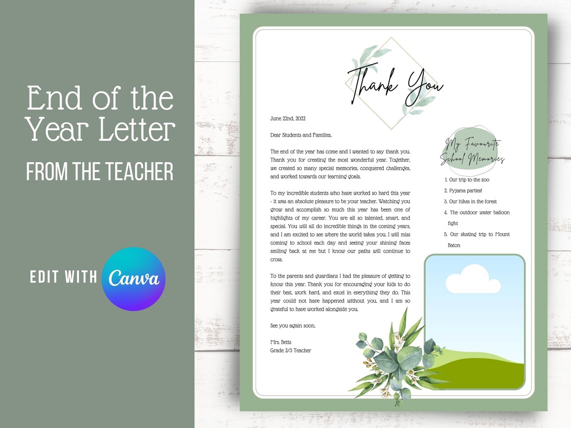 Botanical End of the Year Letter Template | Editable School Letter From ...