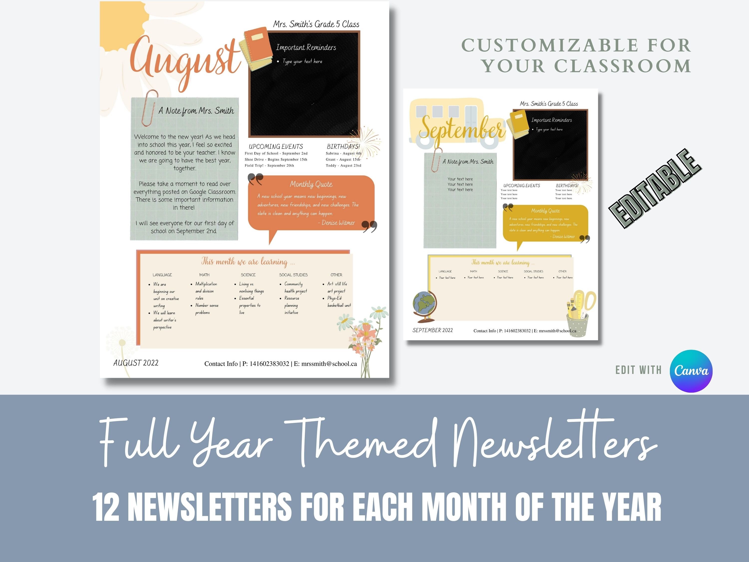Classroom Newsletter Template Editable Monthly Newsletters - Etsy