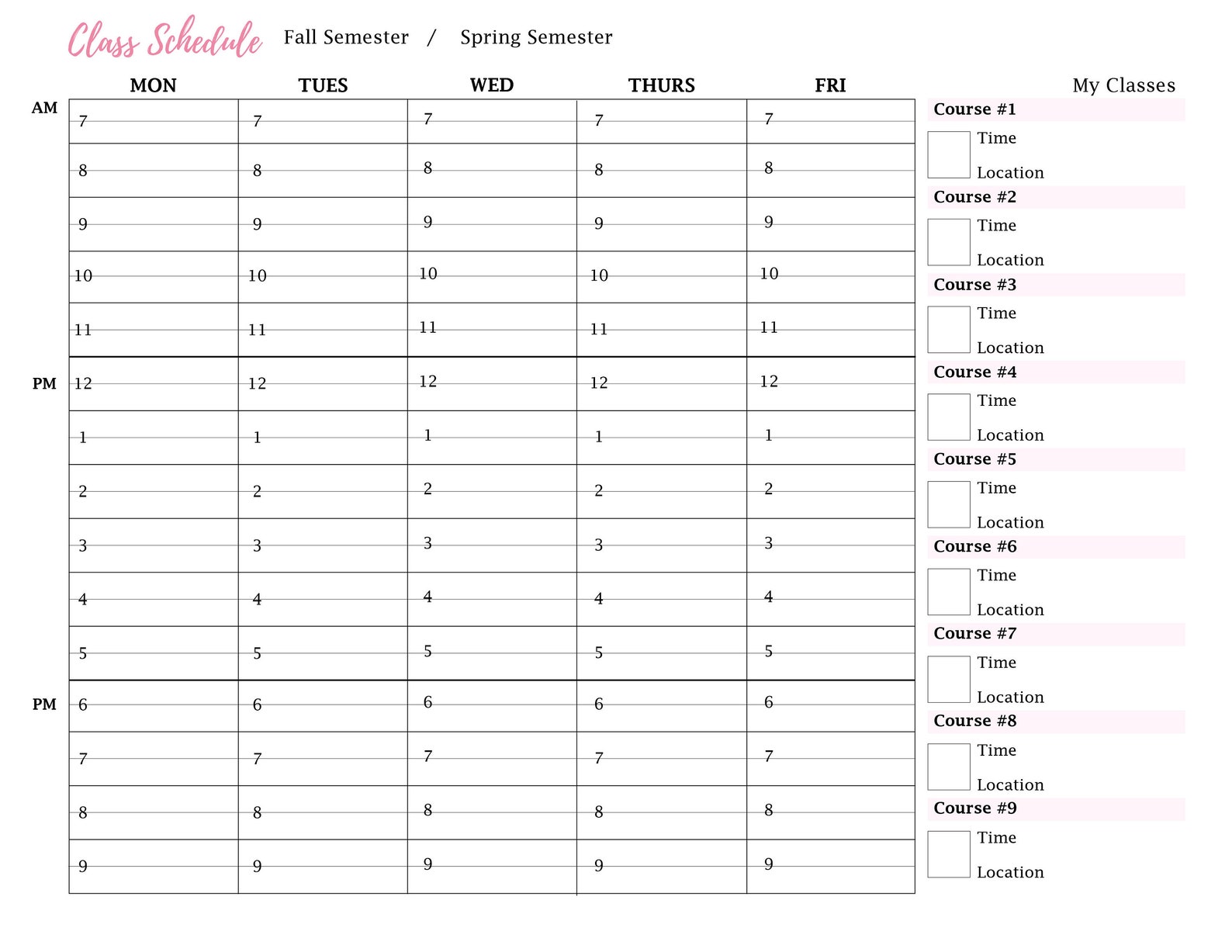 Block Schedule, College Materials, Digital Download, PDF, Landscape ...
