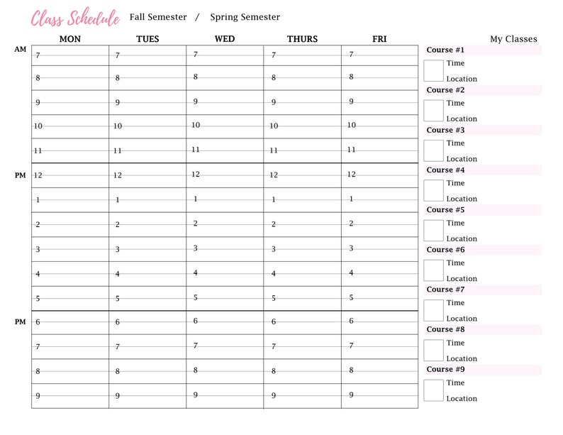 Block Schedule, College Materials, Digital Download, PDF, Landscape ...