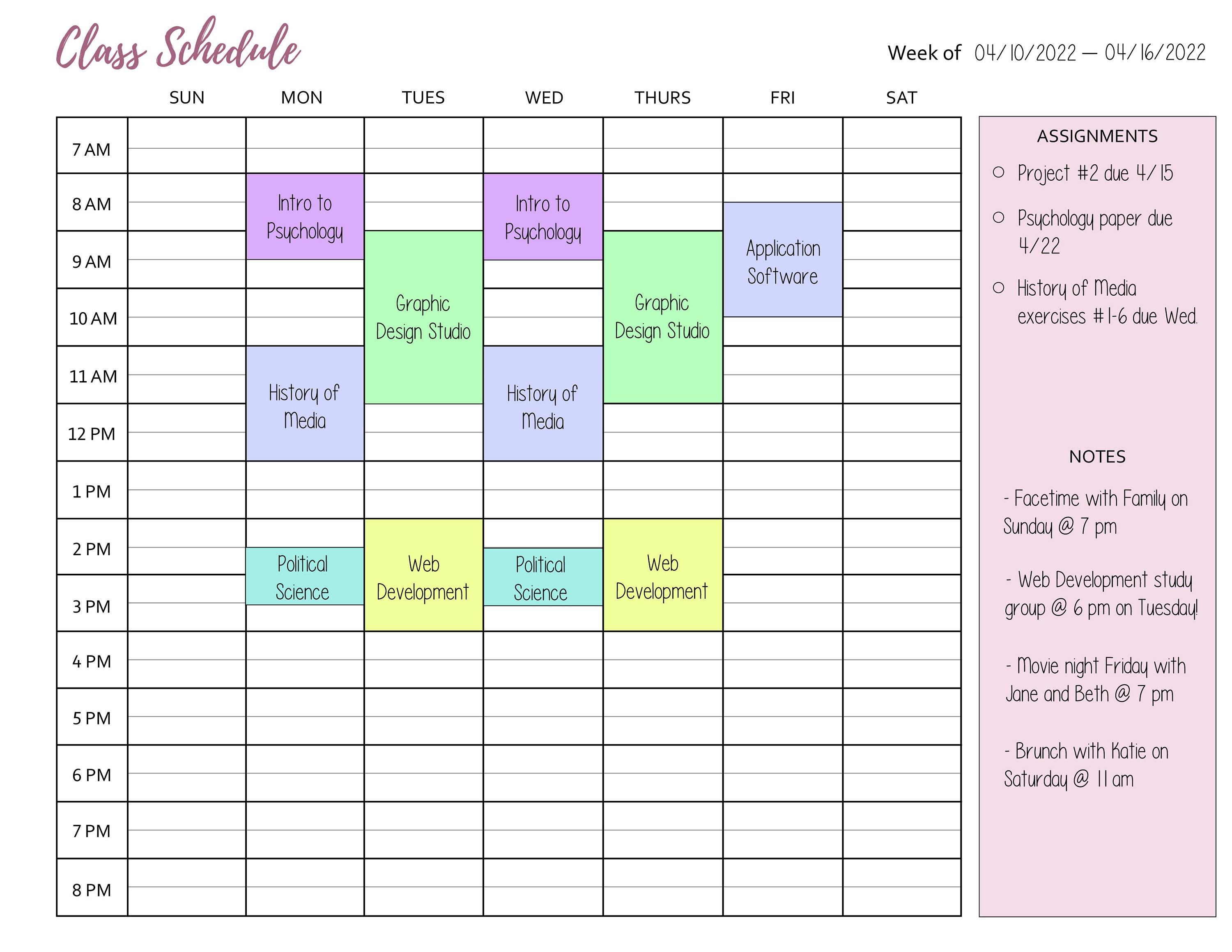 Elementary Class Schedule Template
