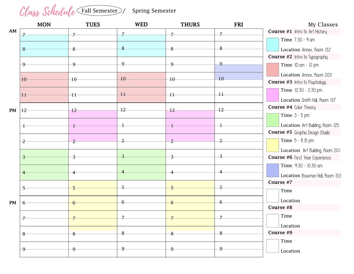 Block Schedule, College Materials, Digital Download, PDF, Landscape ...
