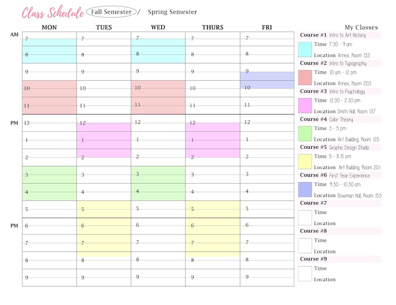 Block Schedule, College Materials, Digital Download, PDF, Landscape ...