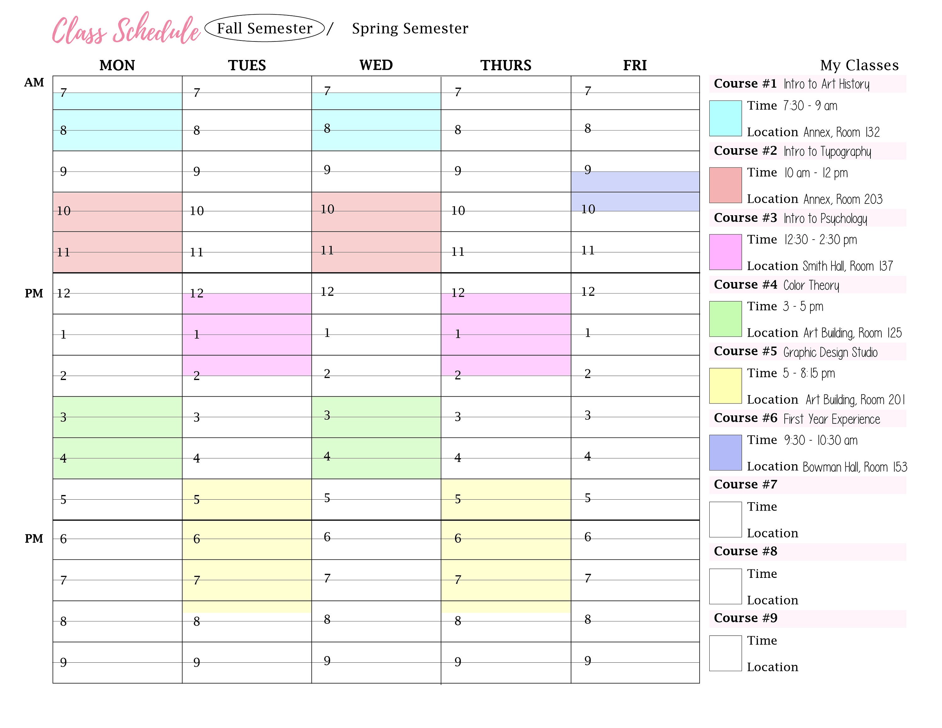 Block Schedule, College Materials, Digital Download, PDF, Landscape ...