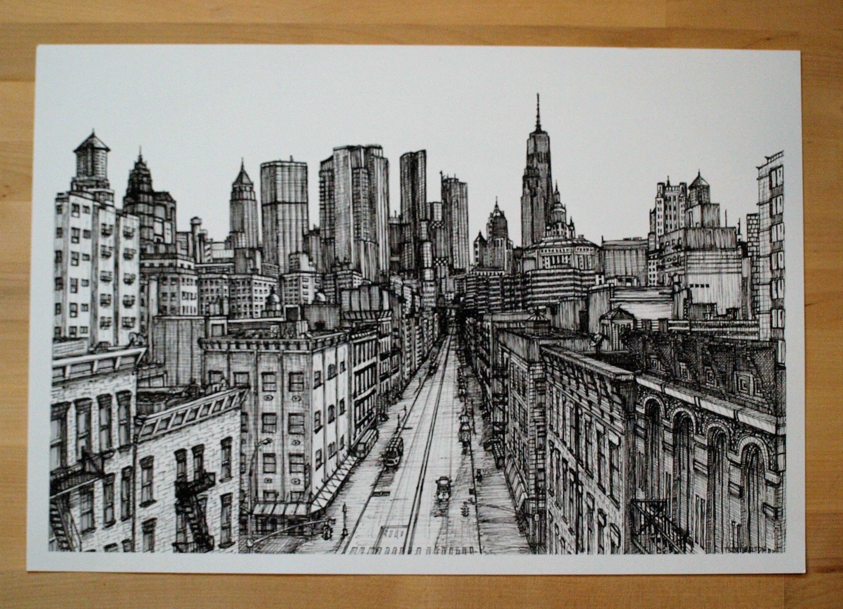 Lower Manhattan Street Pen and Ink Drawing - Etsy