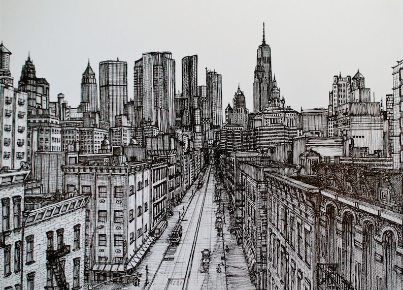 Lower Manhattan Street Pen and Ink Drawing - Etsy