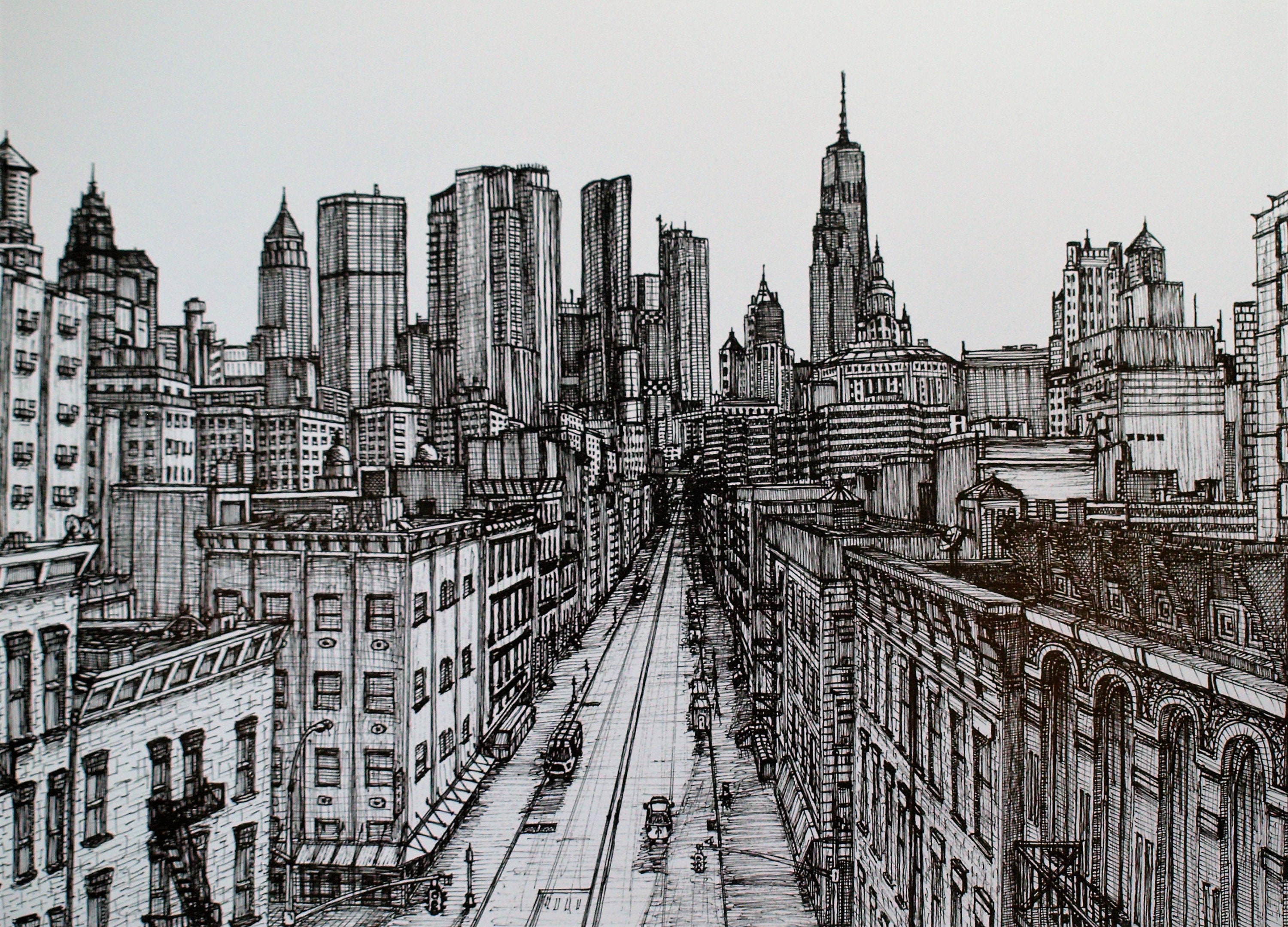 Lower Manhattan Street Pen and Ink Drawing - Etsy