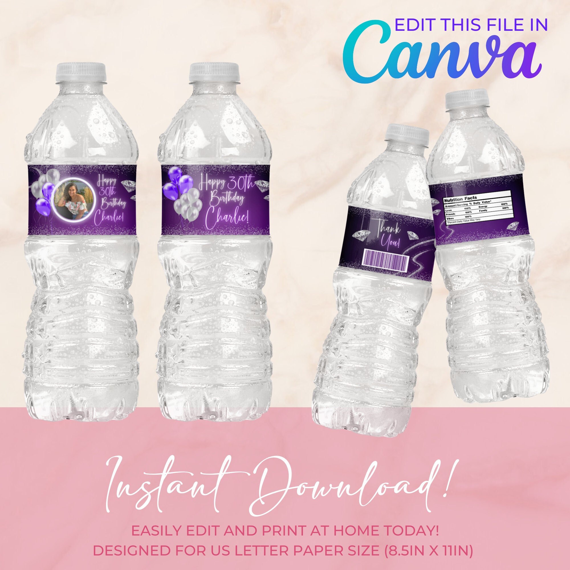 Purple, Turquoise Silver Baby Shower Water Bottle Labels - Etsy