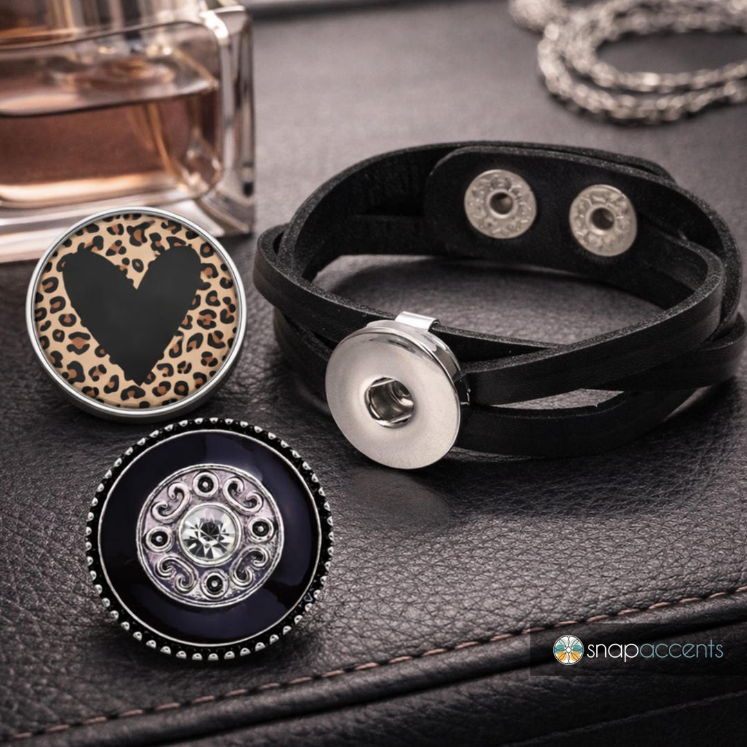 Snap Jewelry Black Leather Bracelet Bundle, Heart Ginger Charm Set ...