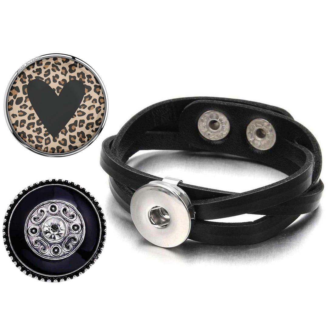Snap Jewelry Set - 2 Snap Charms, 1 Black 8.5 In. Leather Bracelet ...