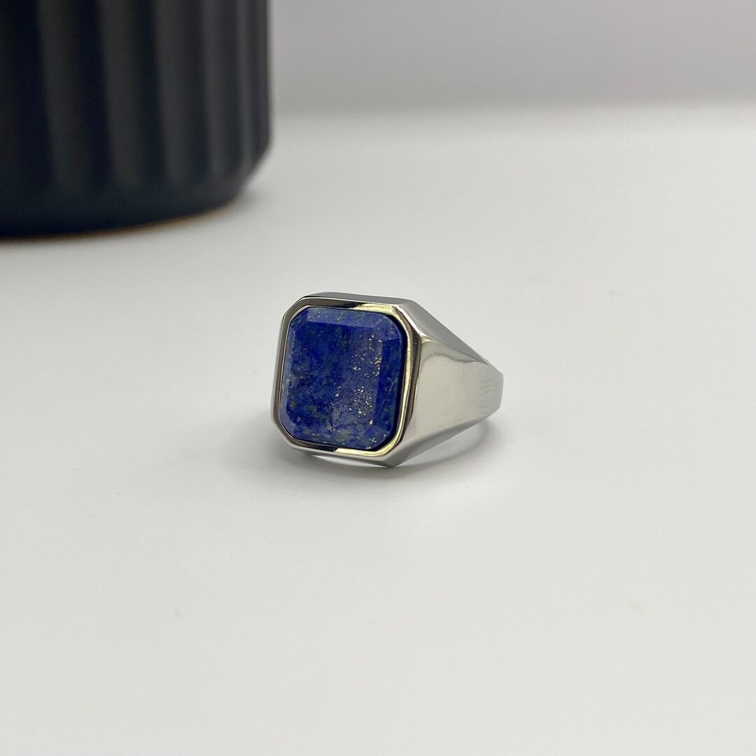 Mens Blue Steel Signet Ring Lapis Lazuli Stainless Steel Signet Ring ...