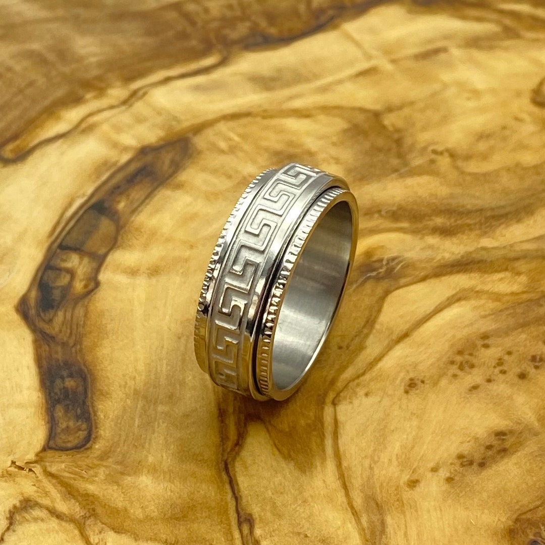 Mens Spinning Greek Ring Stainless Steel Silver Band Thick Geometric ...