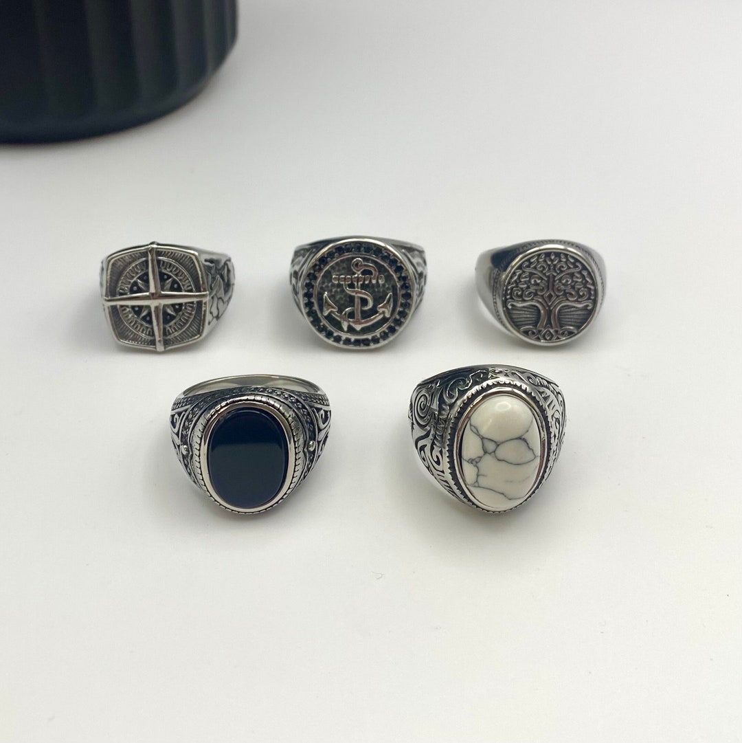 Mens Signet Rings Stainless Steel Viking Norse Style Rings Silver ...