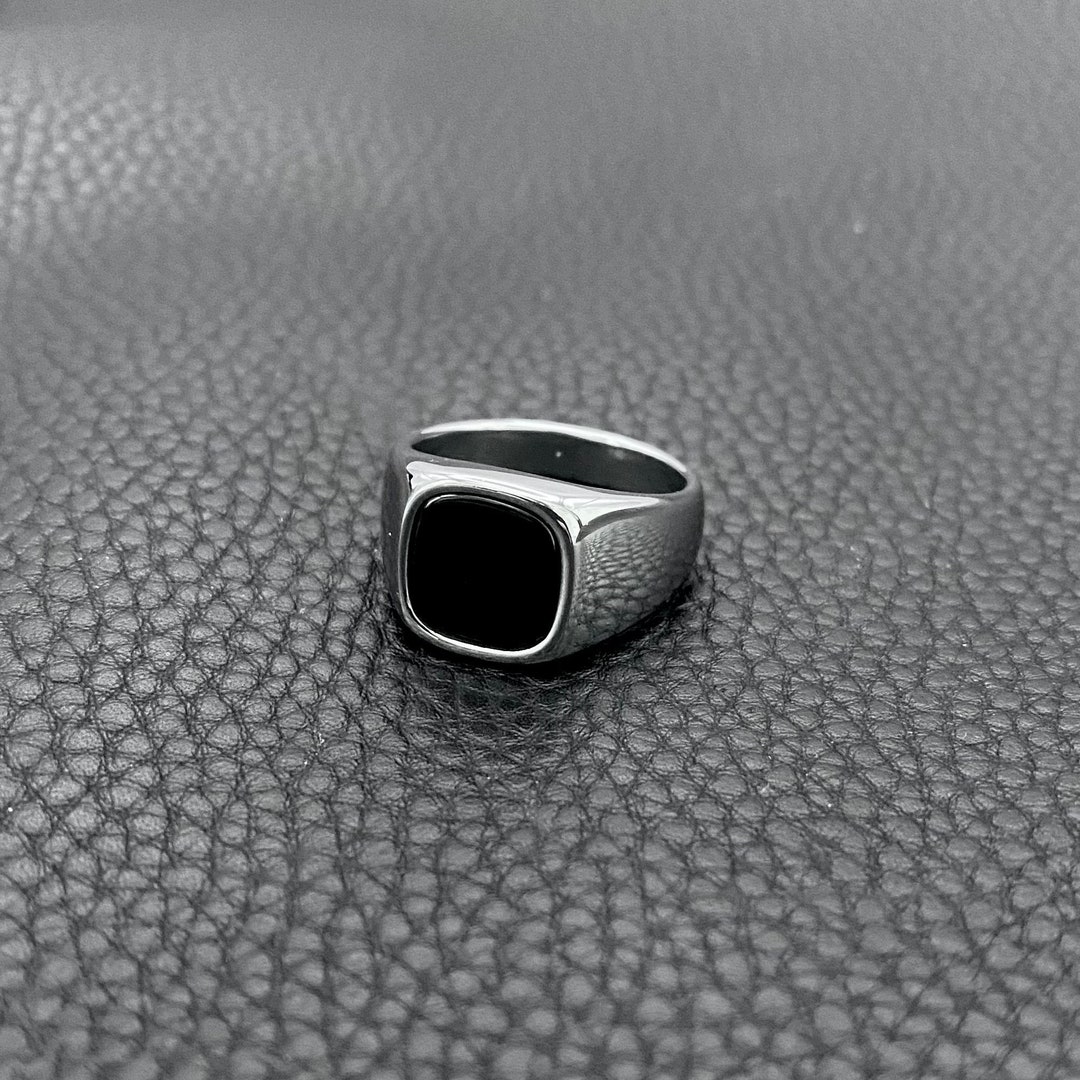 Silver Onyx Signet Ring Mens Silver and Black Square Signet Ring Rings for Men Unisex Band Ring ...