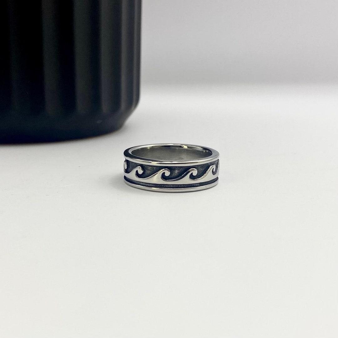 Silver Wave Band Stainless Steel Wave Pattern Ring Geometric Style ...