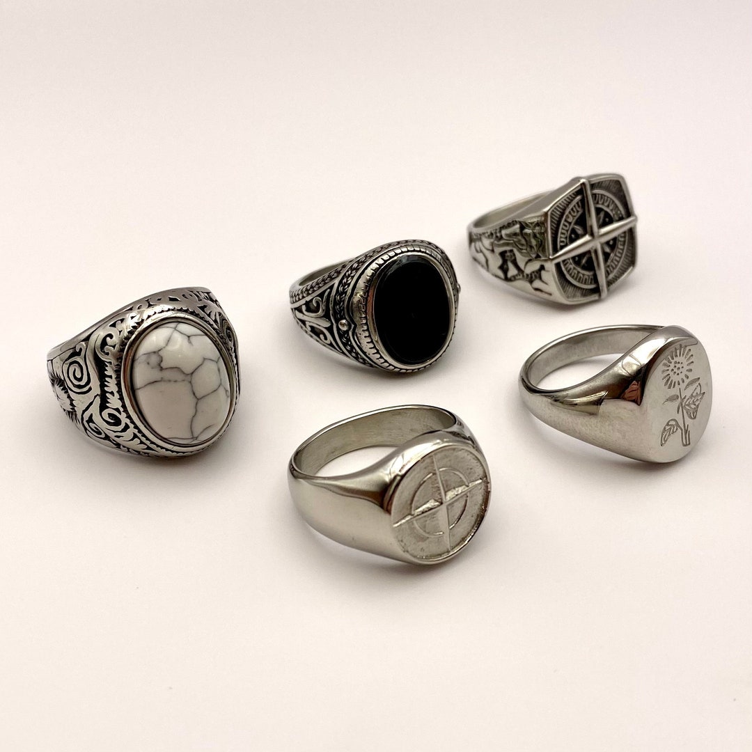 Mens Silver Rings Stainless Steel Signet Rings Rings for Men Set of ...