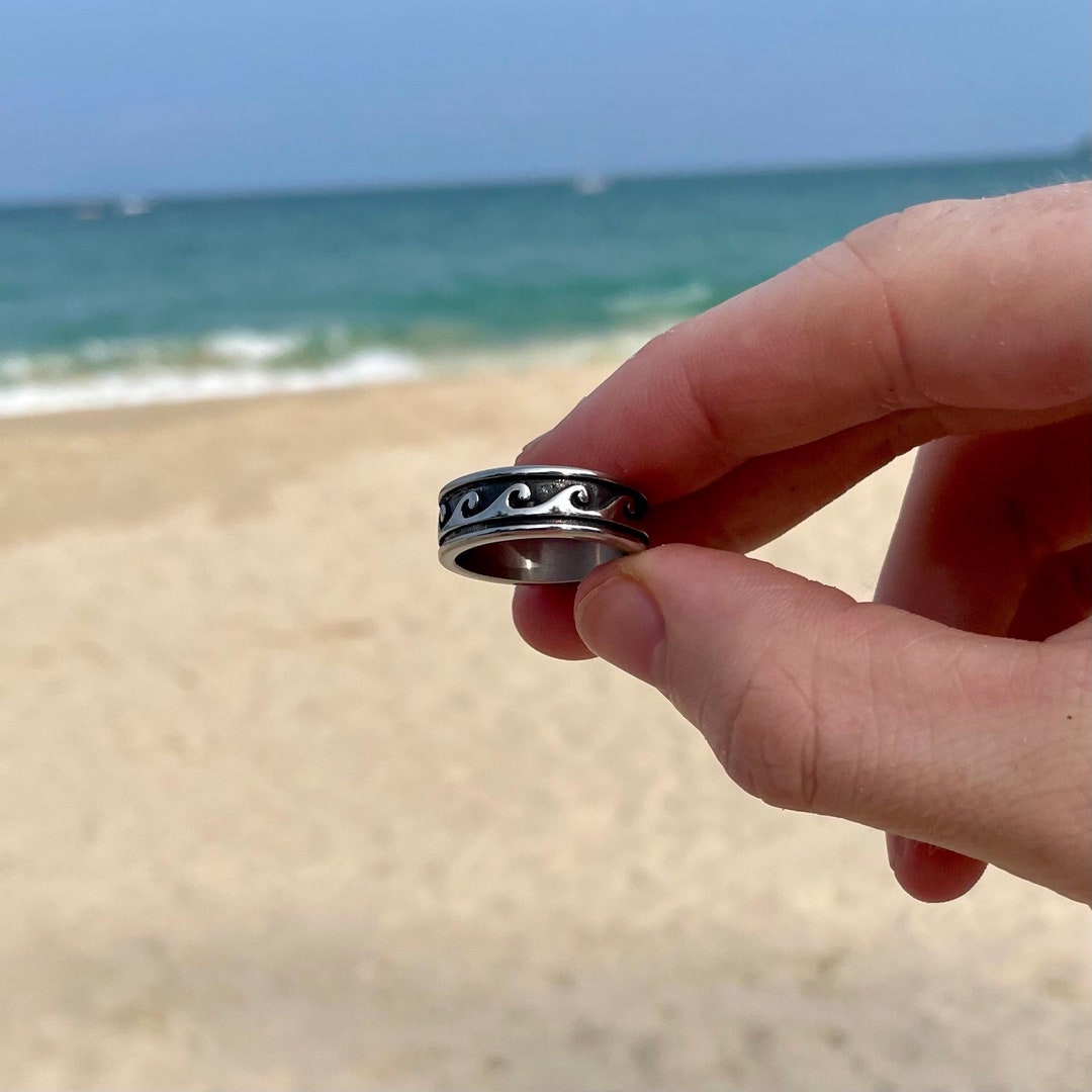 Wave Pattern Ring Stainless Steel Ocean Wave Band Ring Geometric Style ...