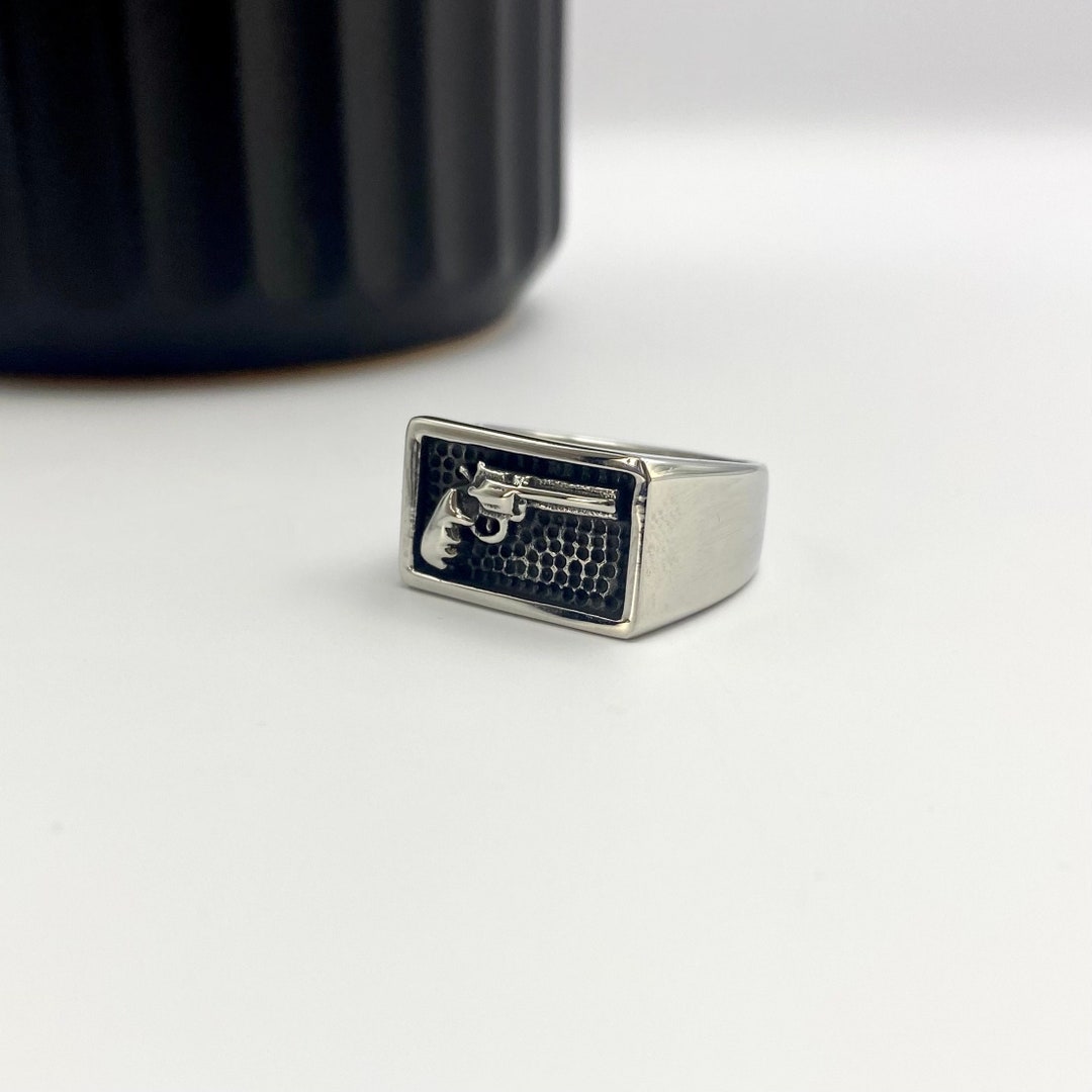 Pistol Pattern Signet Ring Stainless Steel Rectangle Signet Ring Gun ...