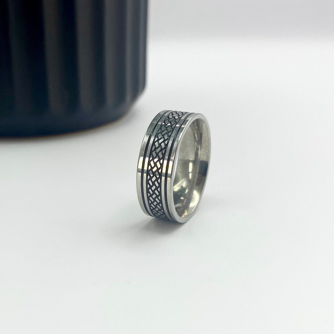 Silver Engraved Track Ring Mens Band Etched Pattern Ring Geometric ...