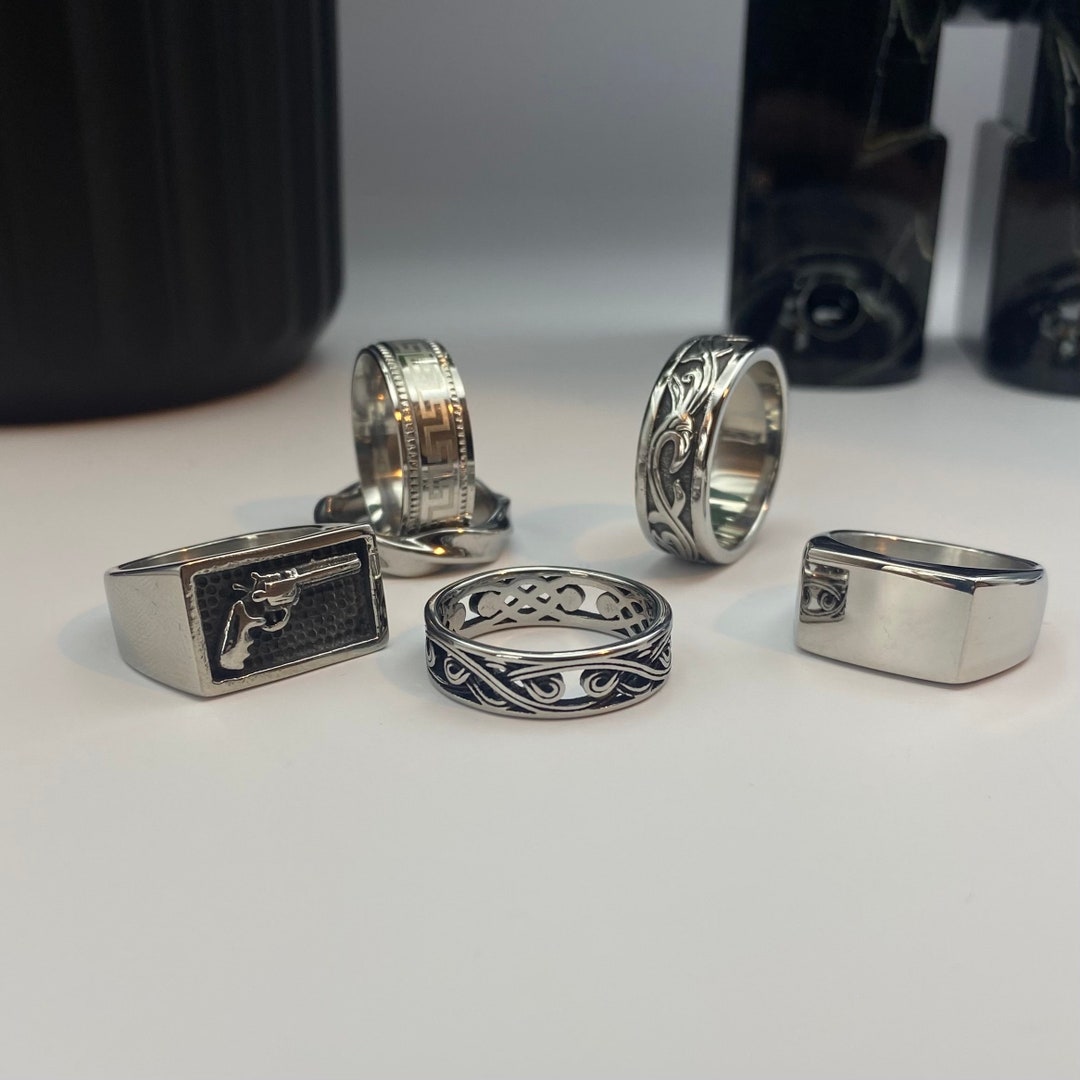 Mens Silver Rings Stainless Steel Signet Ring Greek Pattern Band Unisex ...