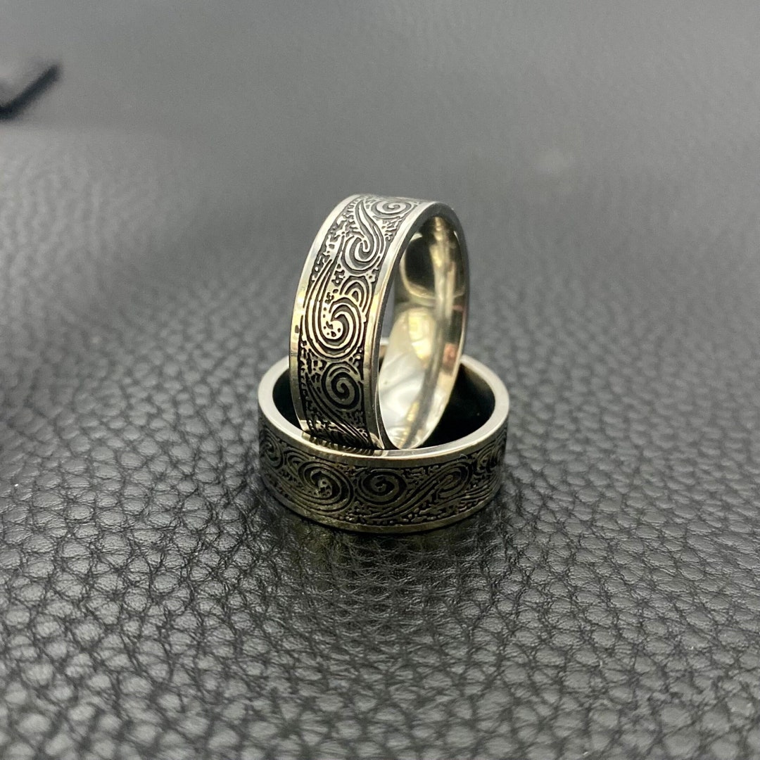 Steel Wave Ring Mens Engraved Wave Pattern Band Geometric Style Vintage ...