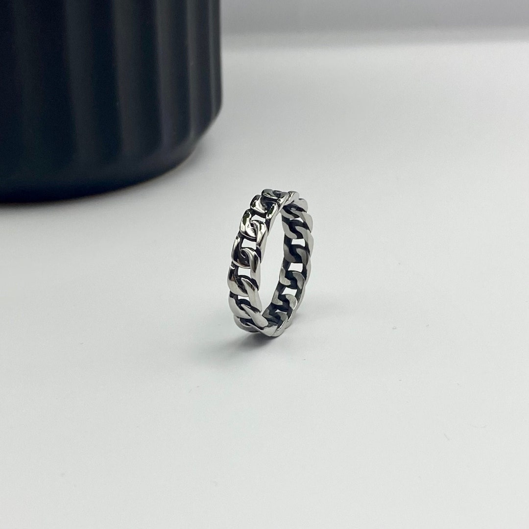 Mens Chain Ring Silver Stainless Steel Twisted Chained Ring Mens Silver ...