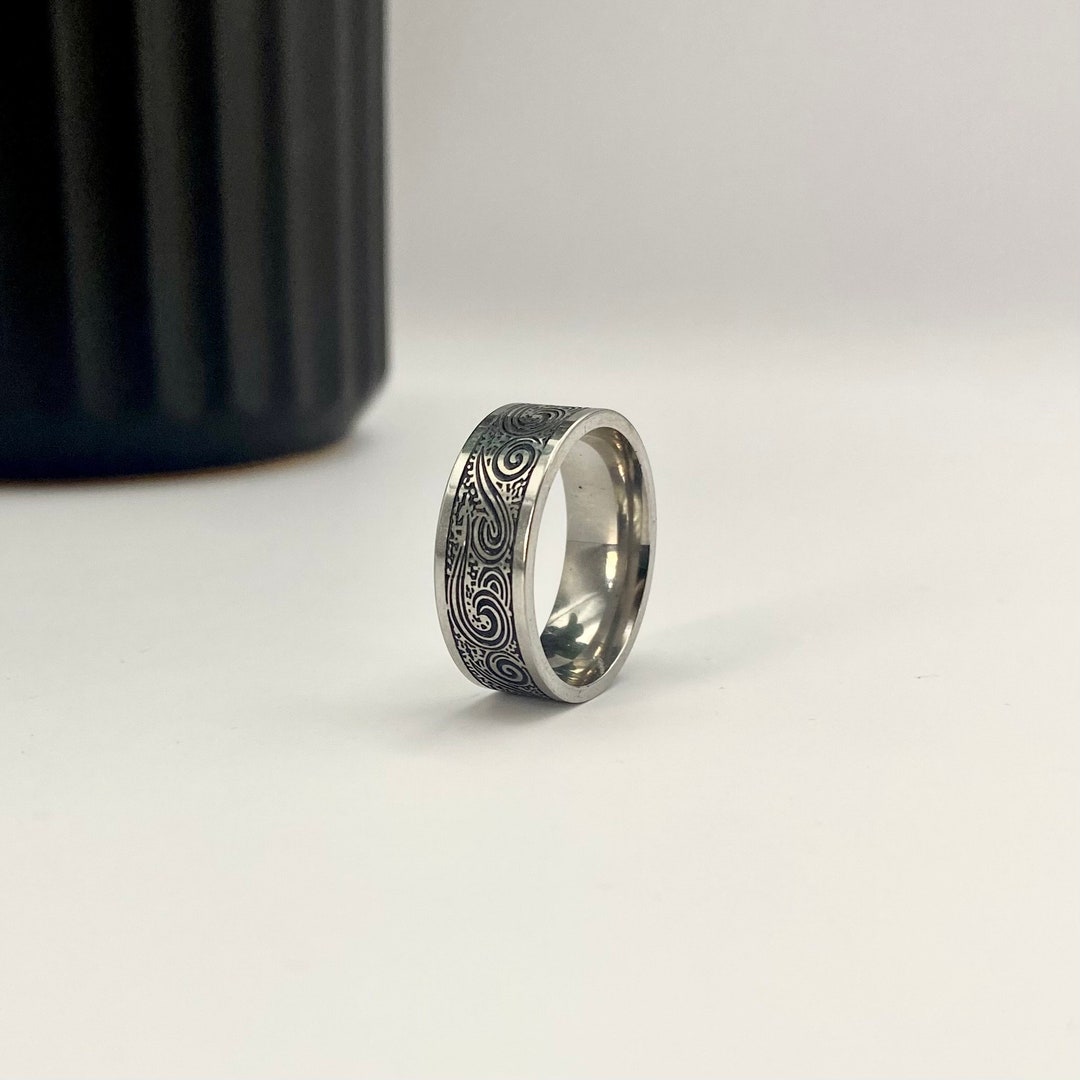 Silver Wave Ring Mens Band Wave Pattern Ring Geometric Style Vintage ...