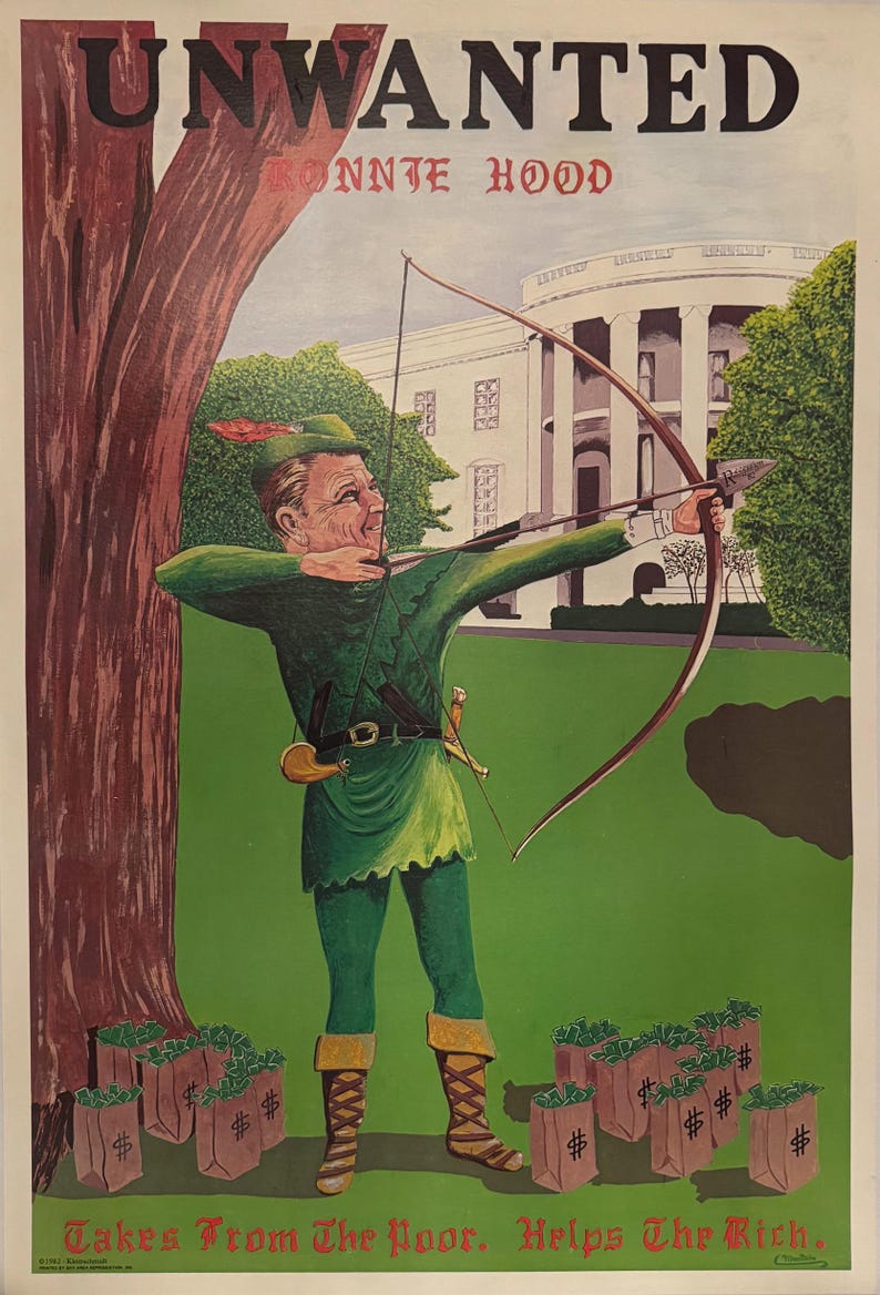 1982 'unwanted Ronnie Hood' Political Poster: Reagan Era Linen Backed ...